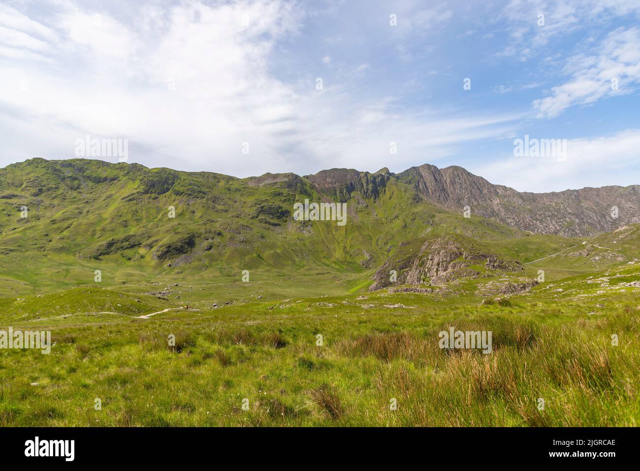 A scenic view of Snowdon mountain in Wales in cloudy sky background ...