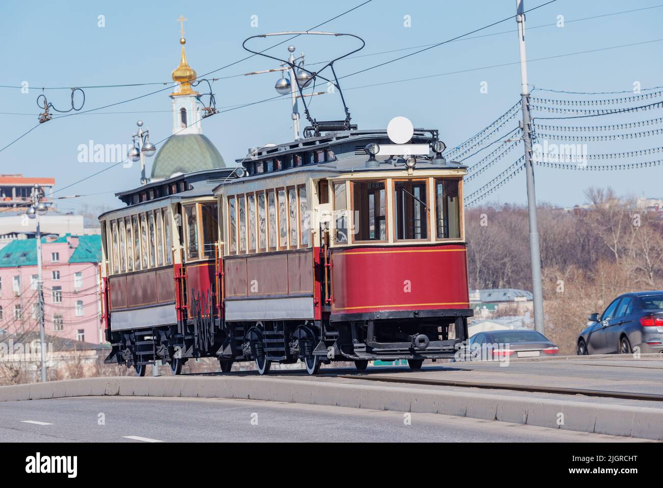 Vintage tram on the town street in the historical city center. Moscow ...