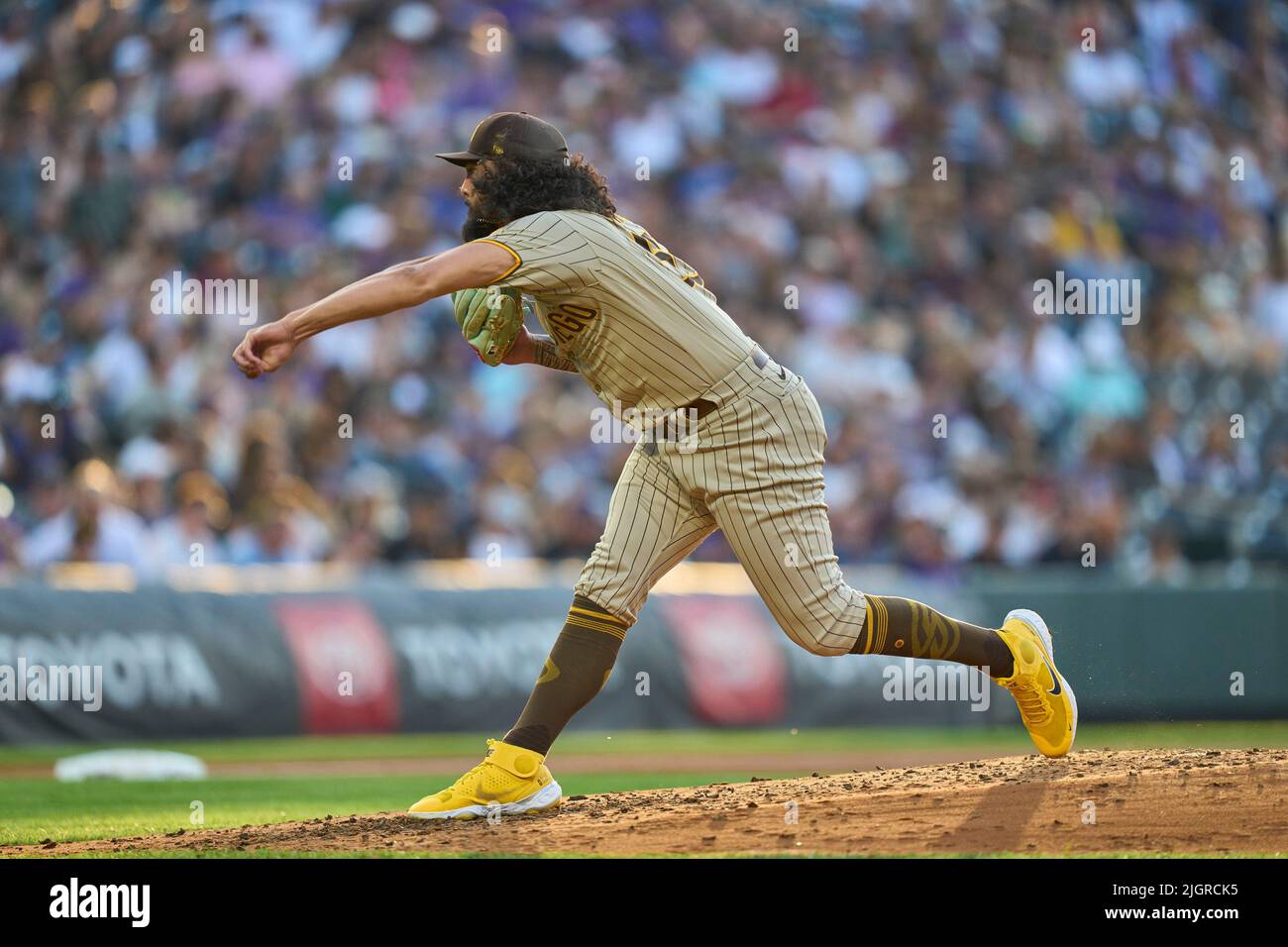 Denver CO, USA. 11th July, 2022. San Diego pitcher Sean Manaea (55 ...