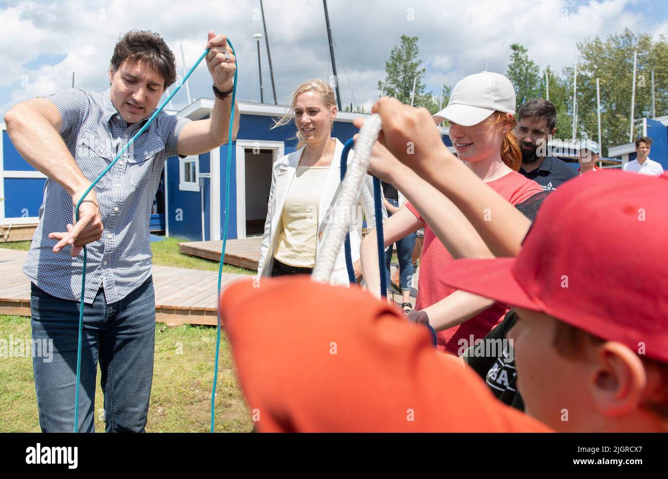 Magog, Que., Canada, July 12, 2022. Prime Minister Justin Trudeau shows ...
