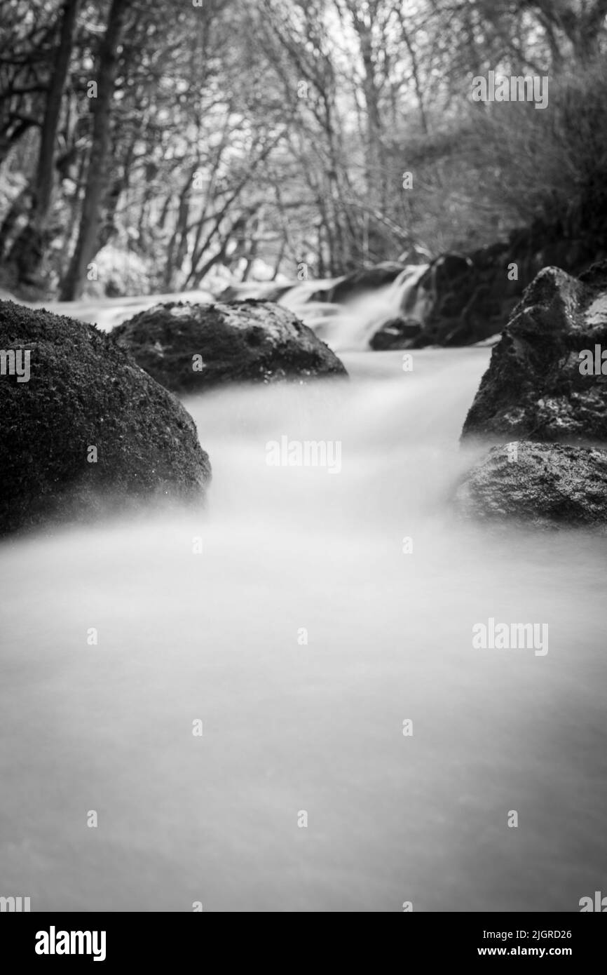 The vertical grayscale of the stones in the river fog - cold and humid ...