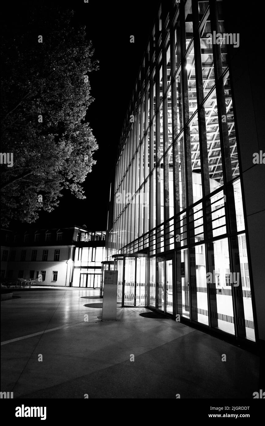 The vertical grayscale of a contemporary style building exterior Stock ...