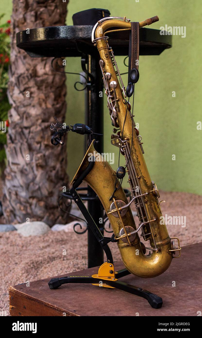 A saxophone with a patina at an outdoors jazz concert Stock Photo - Alamy