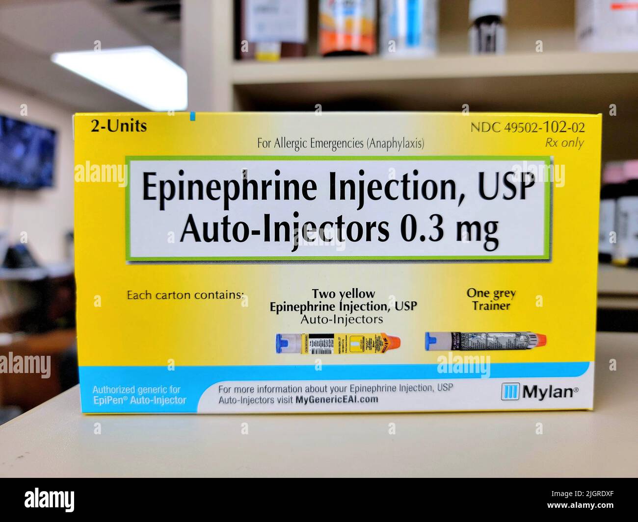 A closeup of double pack epinephrine medication on pharmacy table on ...