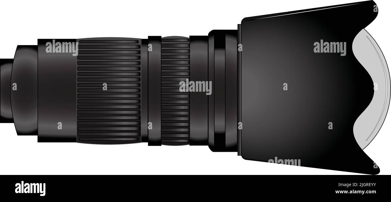 A vector illustration of a black camera zoom lens on the white ...