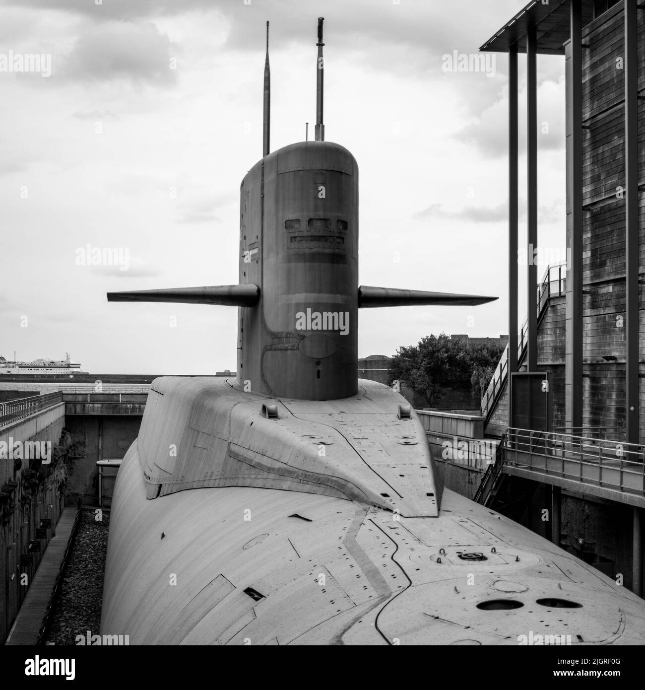 A grayscale shot of a submarine on land Stock Photo - Alamy