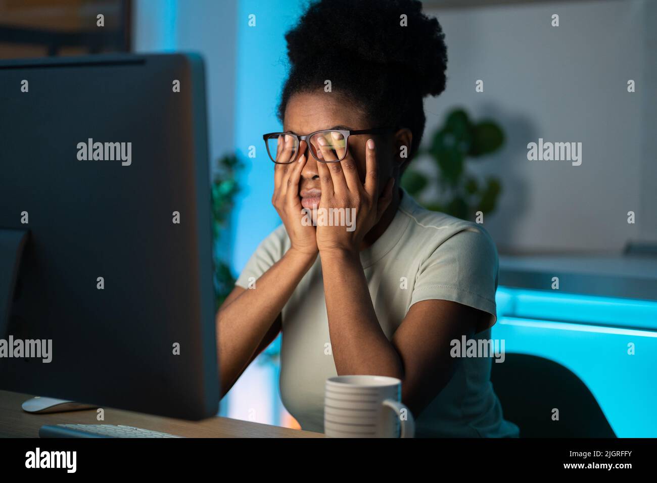 Overworked african woman freelancer feeling eye strain and fatigue ...