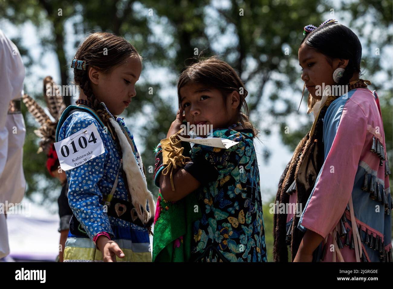 Kahnawake, Canada. 10th July, 2022. Participants in the pow-wow wait ...