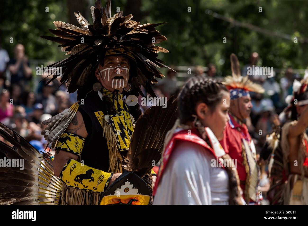 Kahnawake, Canada. 10th July, 2022. Participants in the pow-wow wait ...