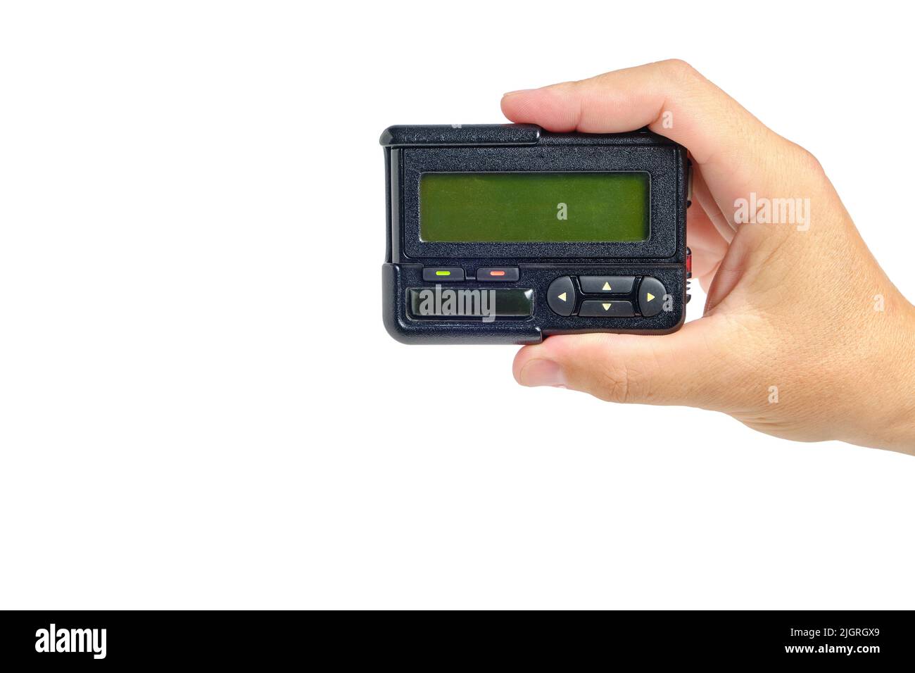 Pager, old retro communication device, in hand on white background ...