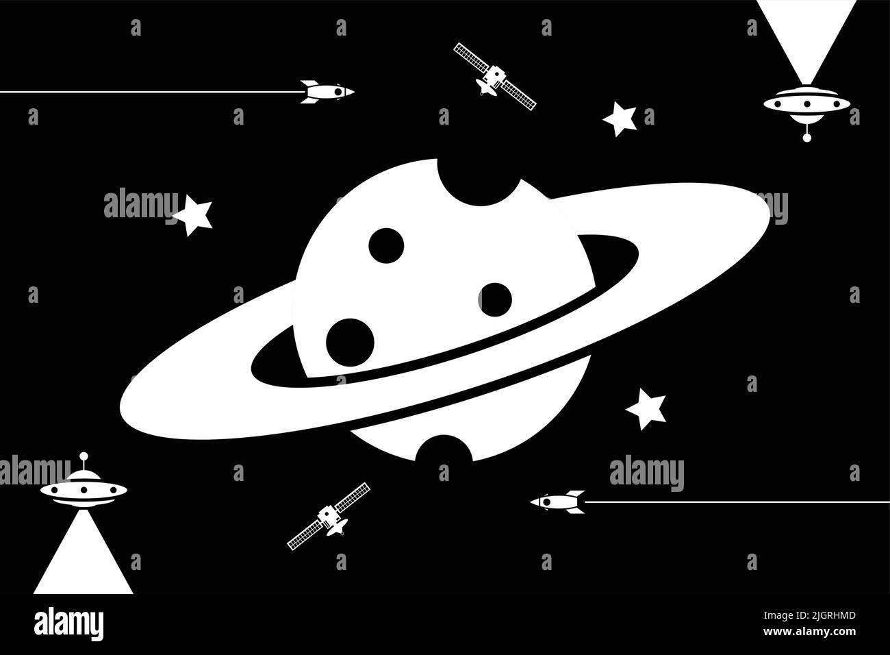 A white planet with ring surrounded with stars, satellites, rockets and ...