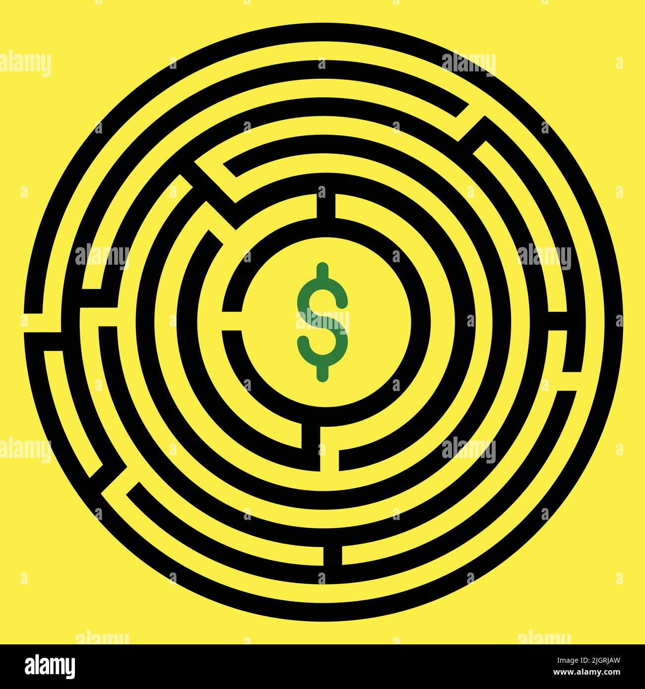 A maze with a dollar sign in the middle isolated on a yellow background ...