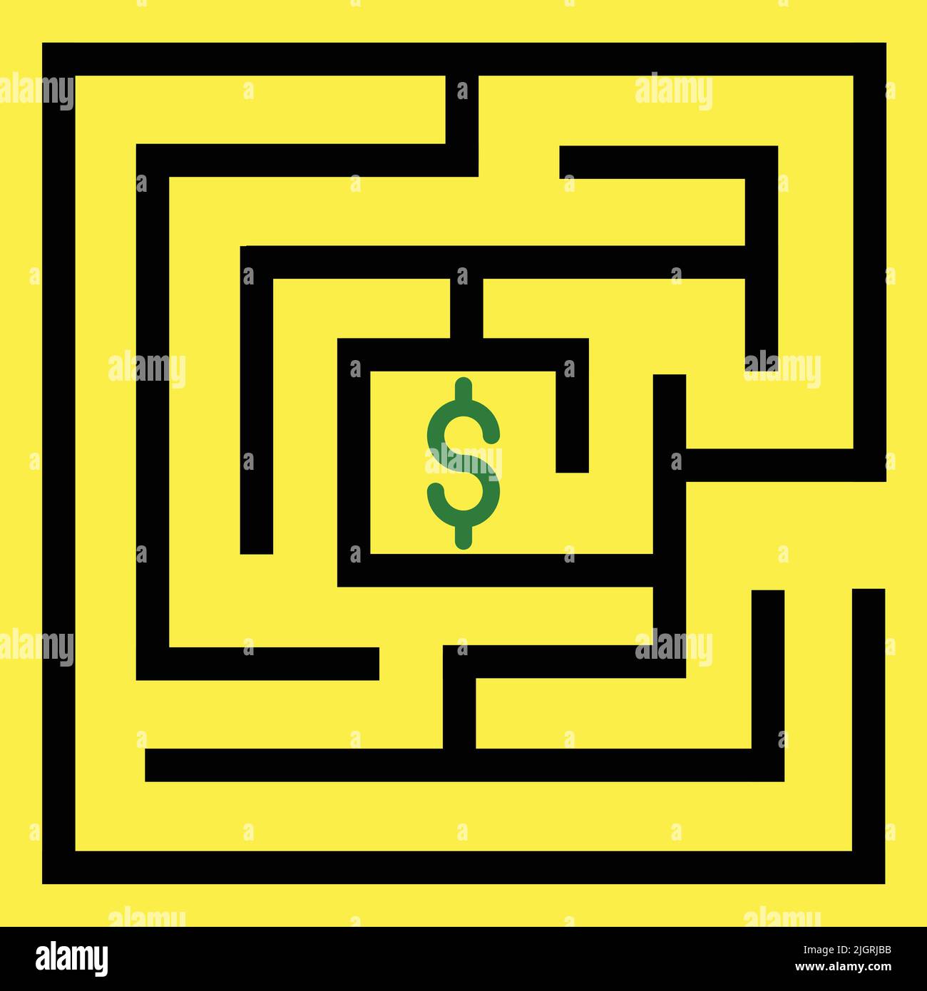 A maze with a dollar sign in the middle isolated on a yellow background ...