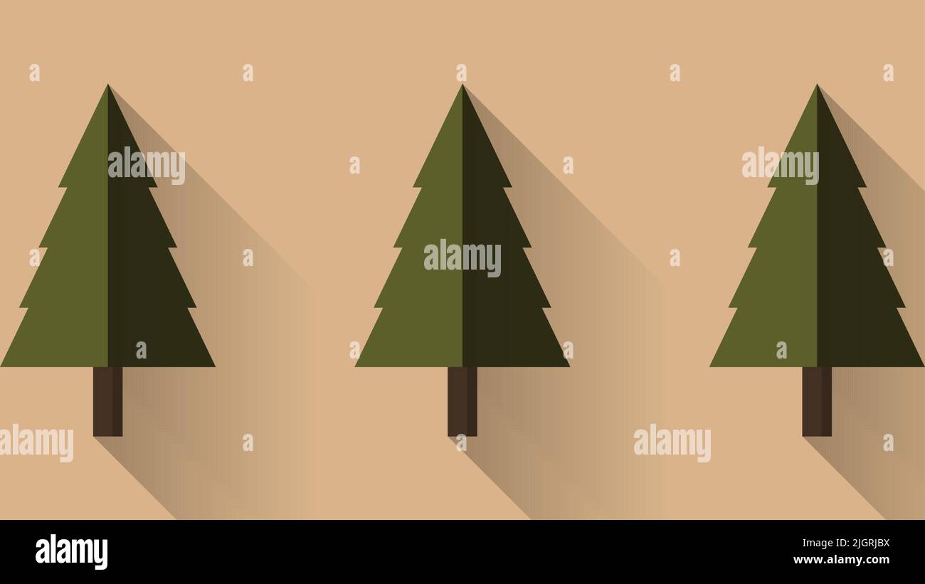 The three evergreen conifer trees with shadows isolated on pink beige ...