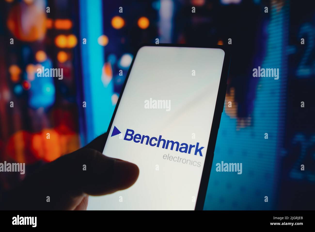 In this photo illustration, the Benchmark Electronics logo is seen on a ...