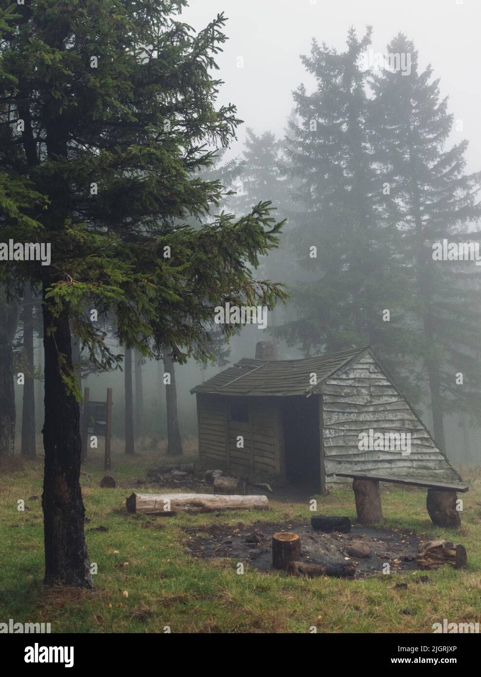 A vertical shot of an old wooden hut in a forest in foggy weather Stock ...
