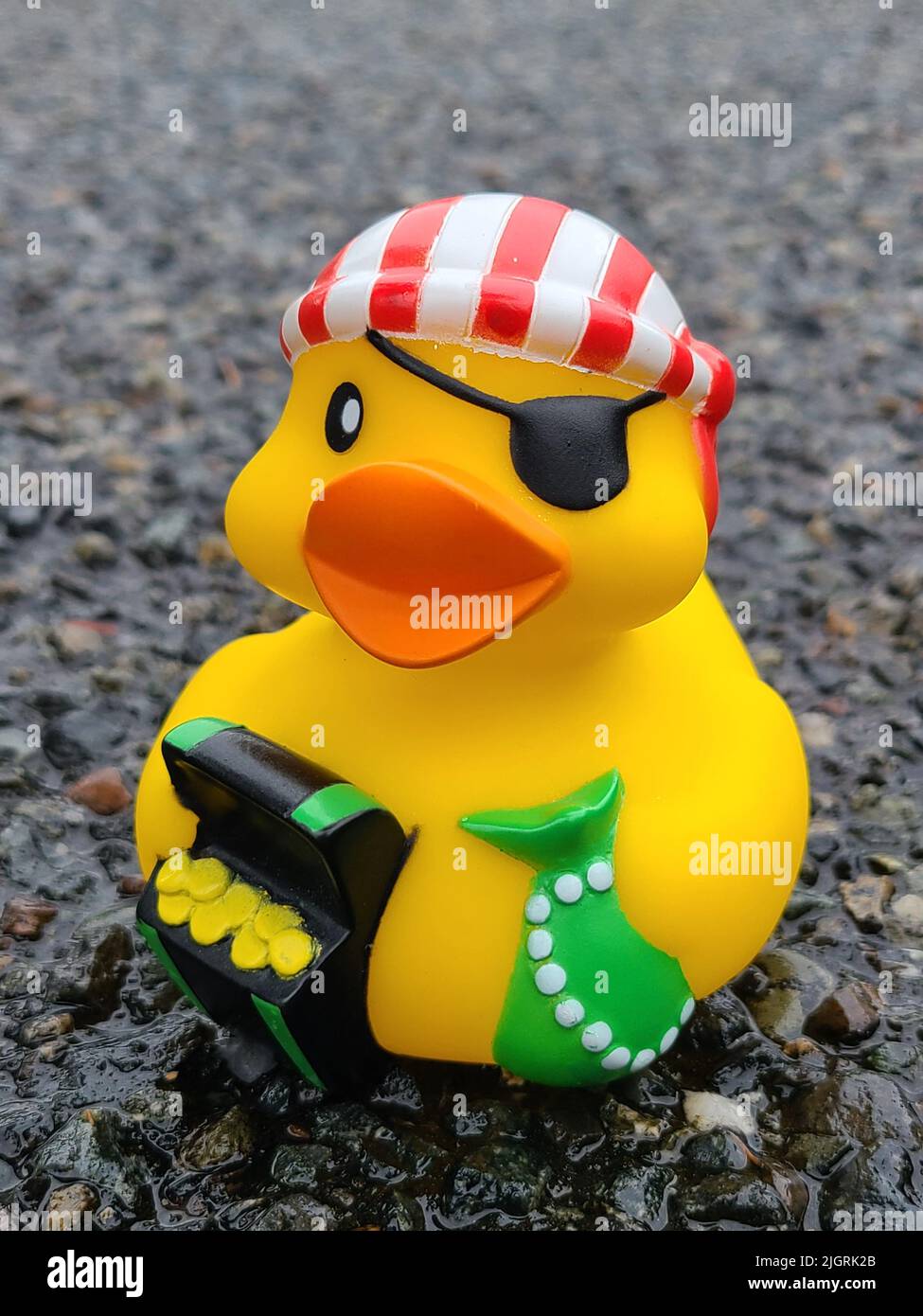 A vertical closeup shot of a pirate rubber duck toy on the ground Stock ...