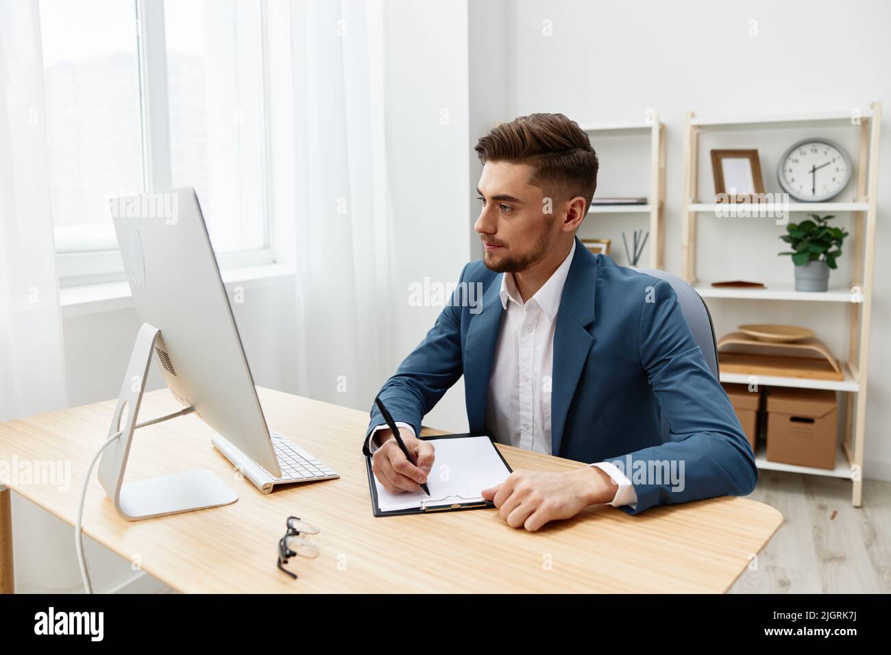 manager sitting at the computer work boss documentation isolated ...