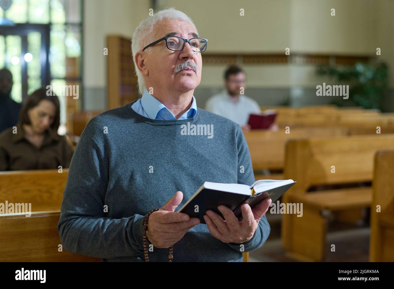 Mature man with grey hair holding open Bible while sitting on bench ...