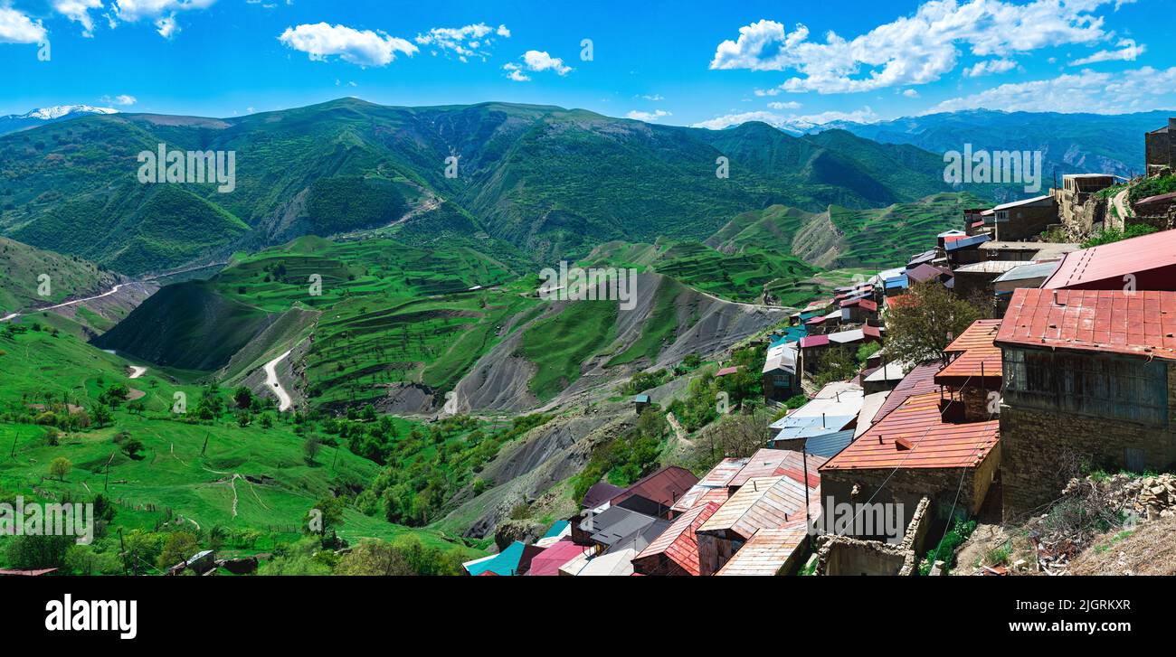 houses on a rocky slope in the mountain village of Chokh in Dagestan ...