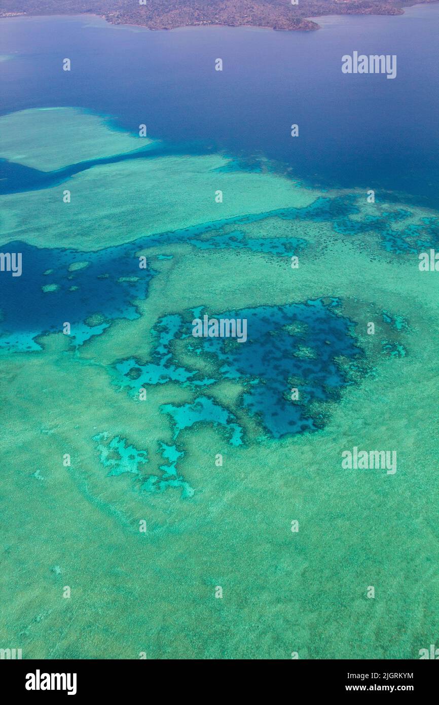 An aerial view of a coral reef and lagoon in Mayotte, France Stock ...