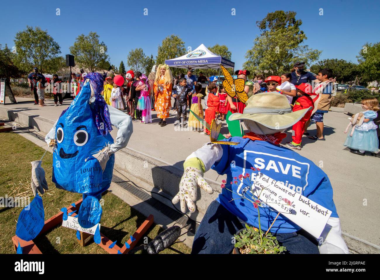Imaginative scarecrows symbolize the need to save water at an ecology ...
