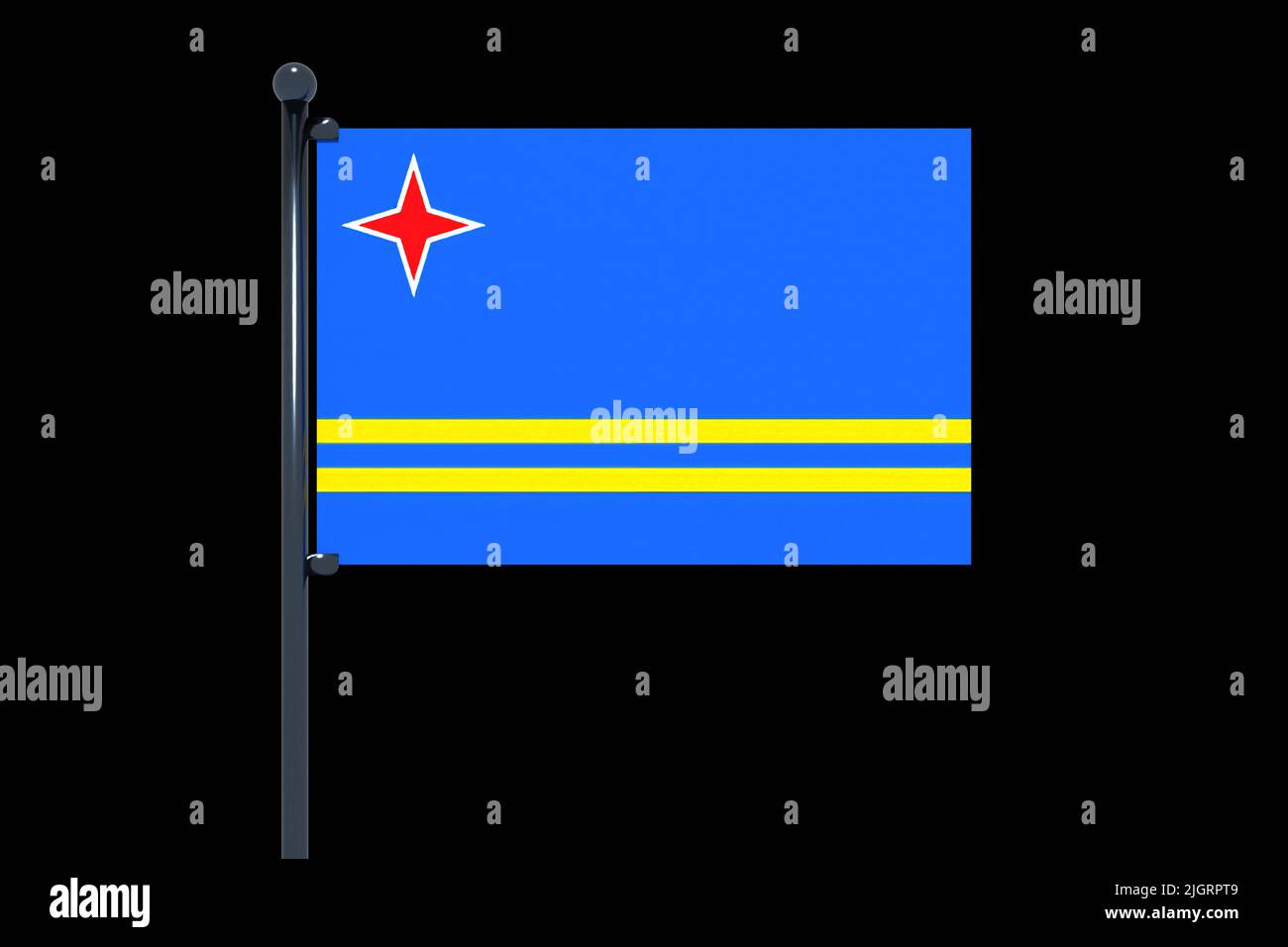 An illustration of the flag of Aruba on a flag pole with a black ...