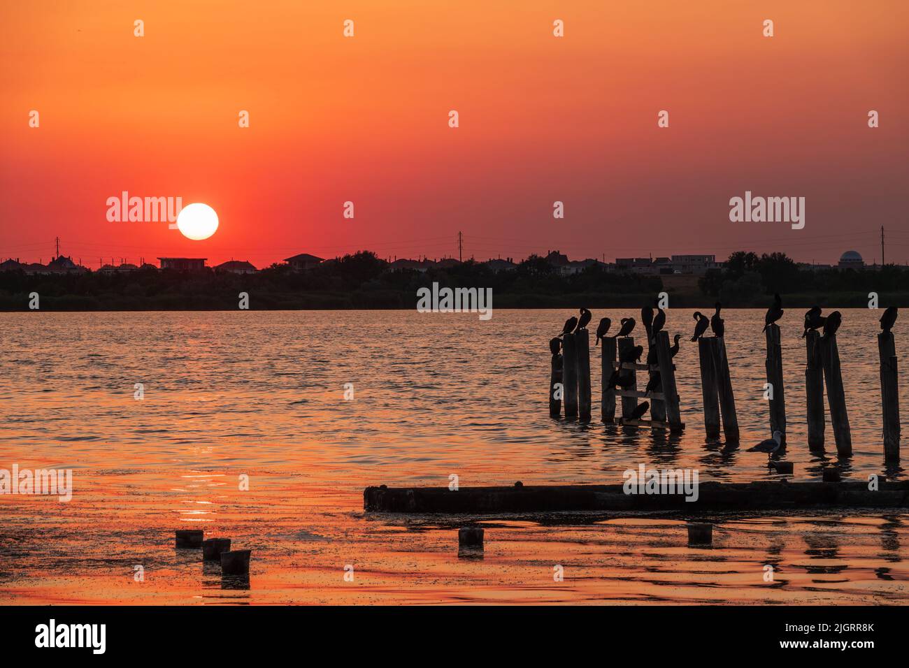 Beautiful red and orange sunset over sea, the sun goes down over sea ...