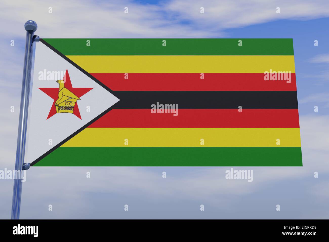A 3D illustration of the flag of Zimbabwe on a flag pole with a cloudy ...