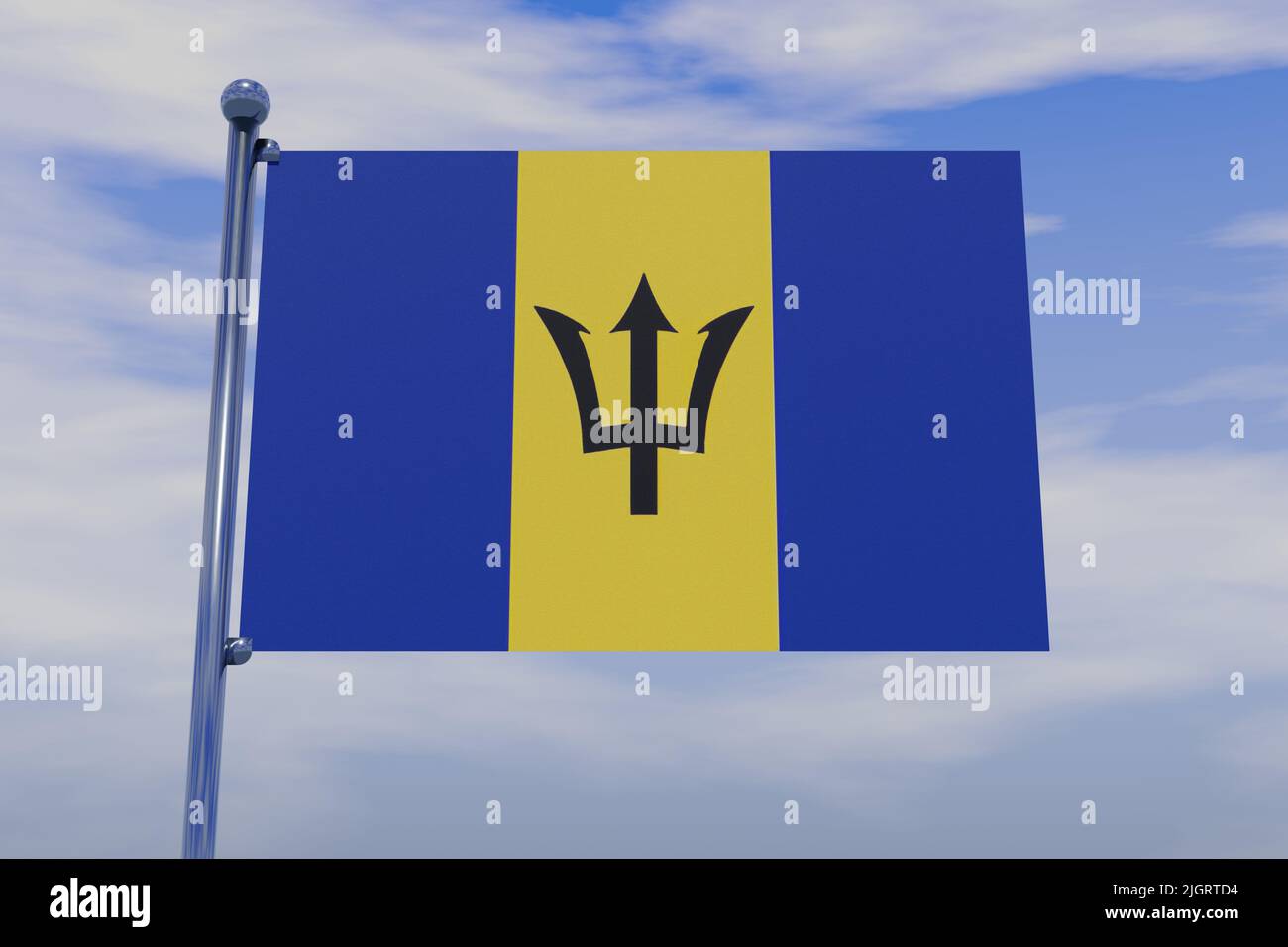 A 3D illustration of the flag of Barbados on a flag pole with a cloudy ...
