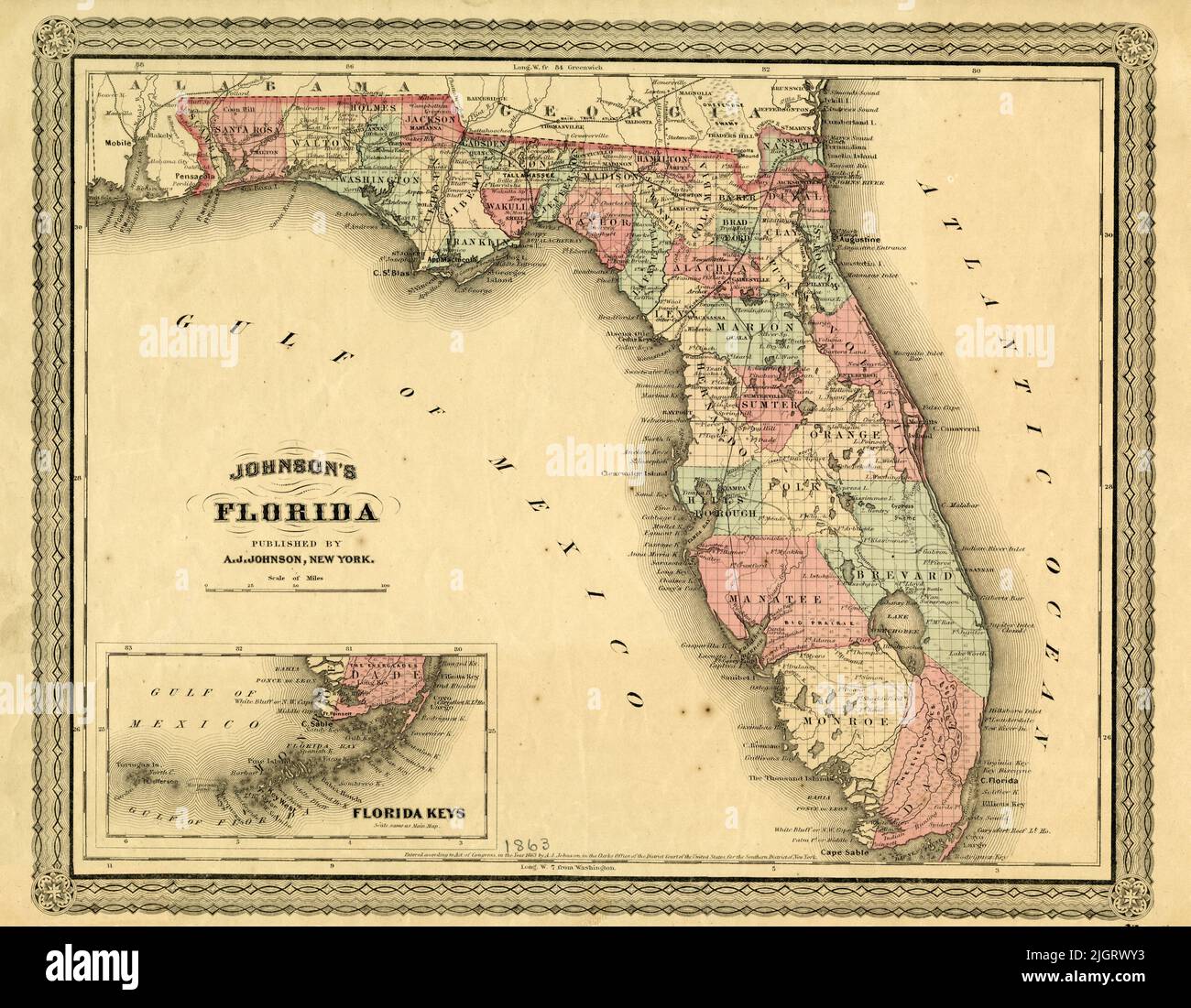 Map of Florida, inset of Florida Keys, 1863, by Alvin Jewett Johnson ...