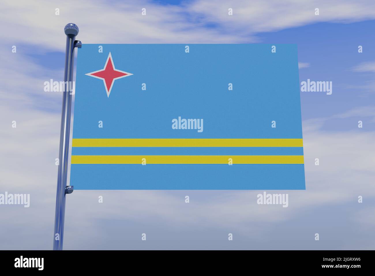 A 3D illustration of the flag of Aruba on a flag pole with a cloudy sky ...
