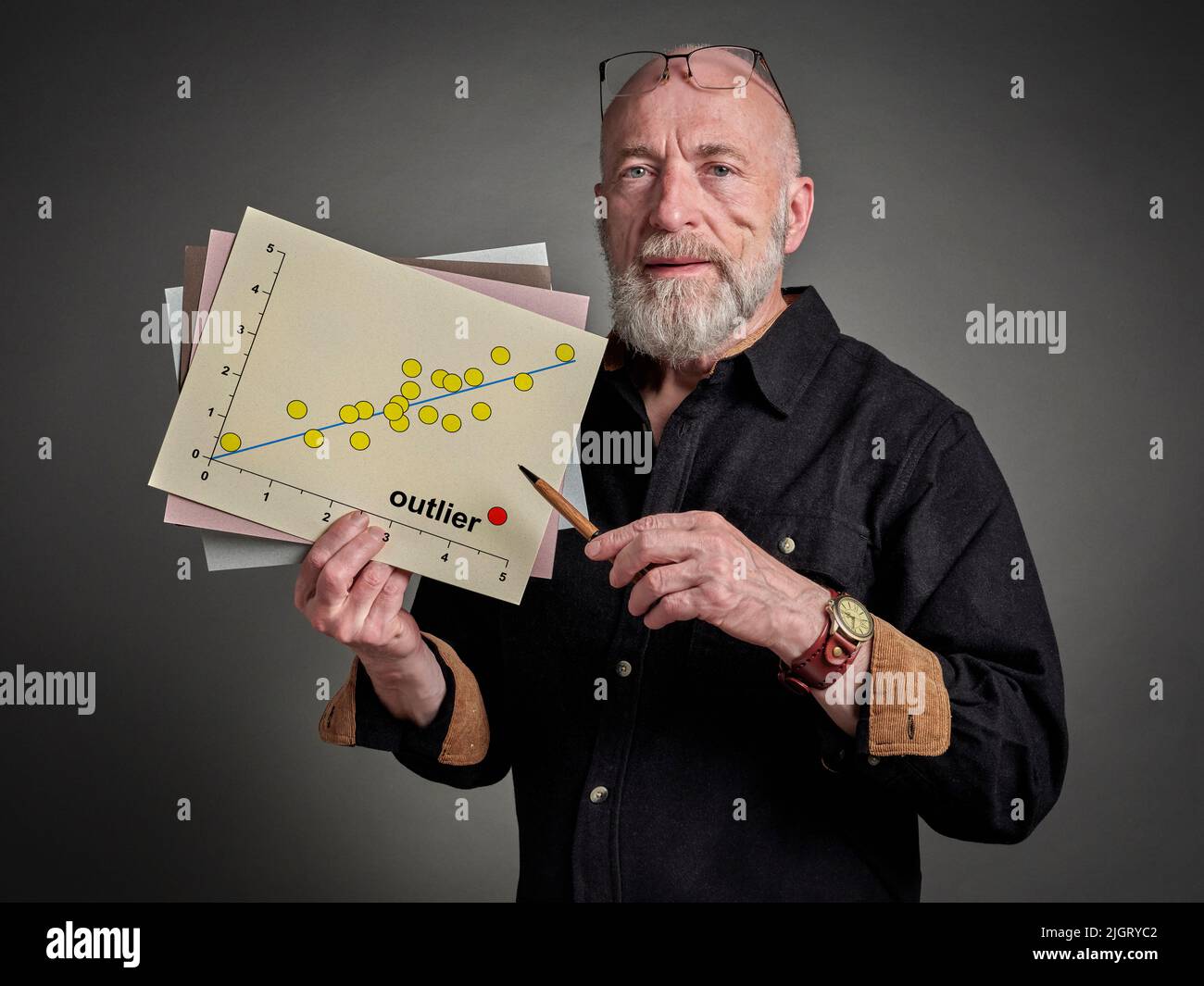 senior man, businessman, teacher or scientist is explaining the outlier ...