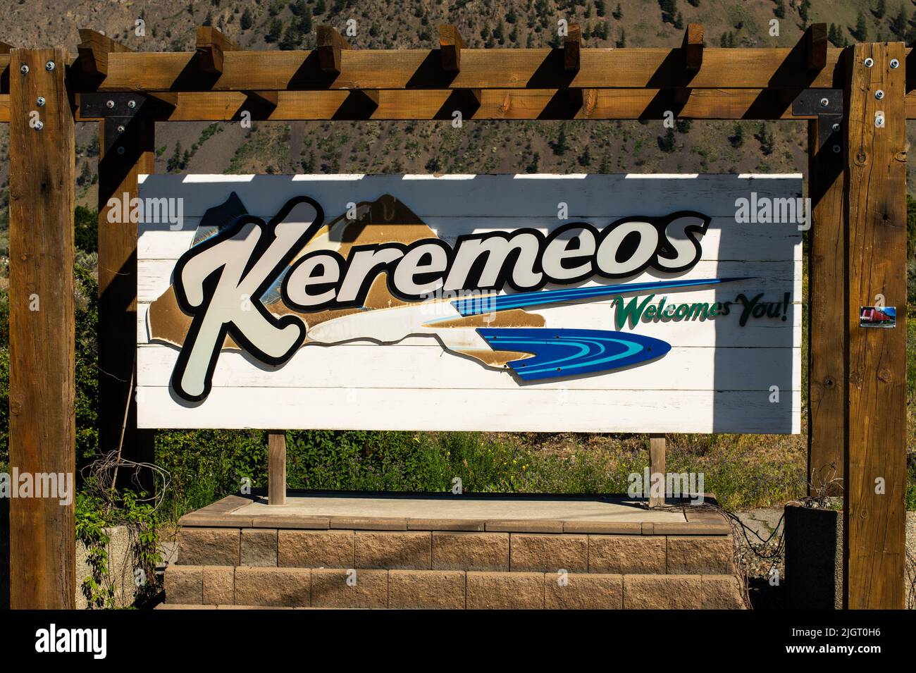 Welcome to Keremeos sign, Keremeos, British Columbia, Canada Stock ...