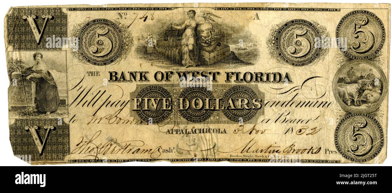 Five dollar Bank of West Florida note issued in 1832 Stock Photo - Alamy
