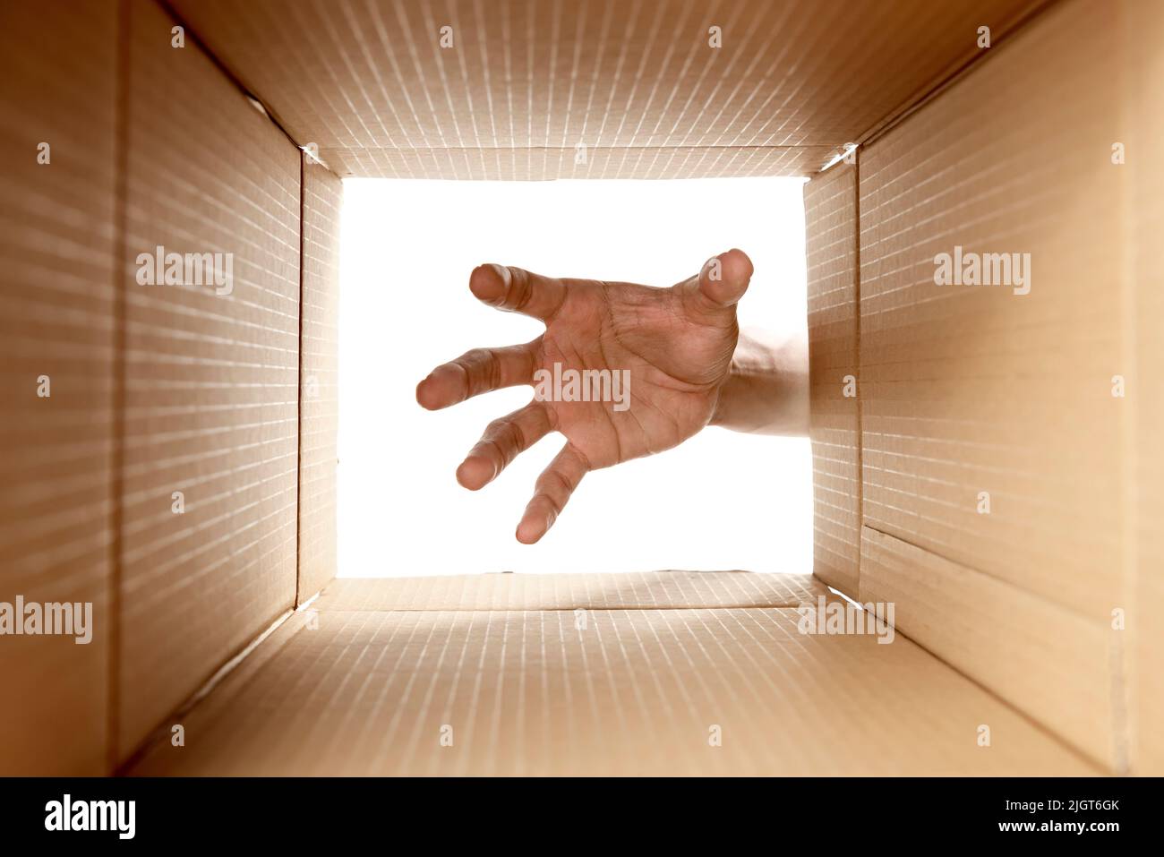 View of the inside box with hand taking something with white background ...