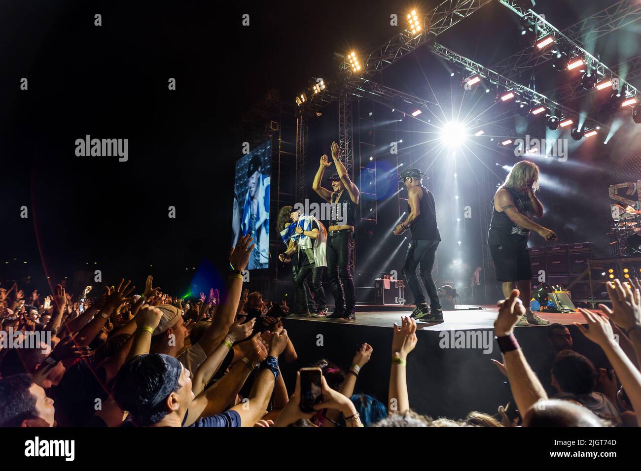 Limassol, Cyprus, Jul. 12, 2022. Scorpions greet the fans after the ...