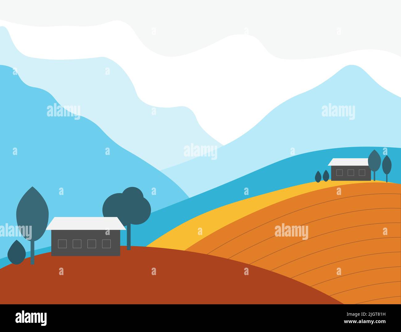 Poster with rural landscape. Mountains and fields, houses and trees ...