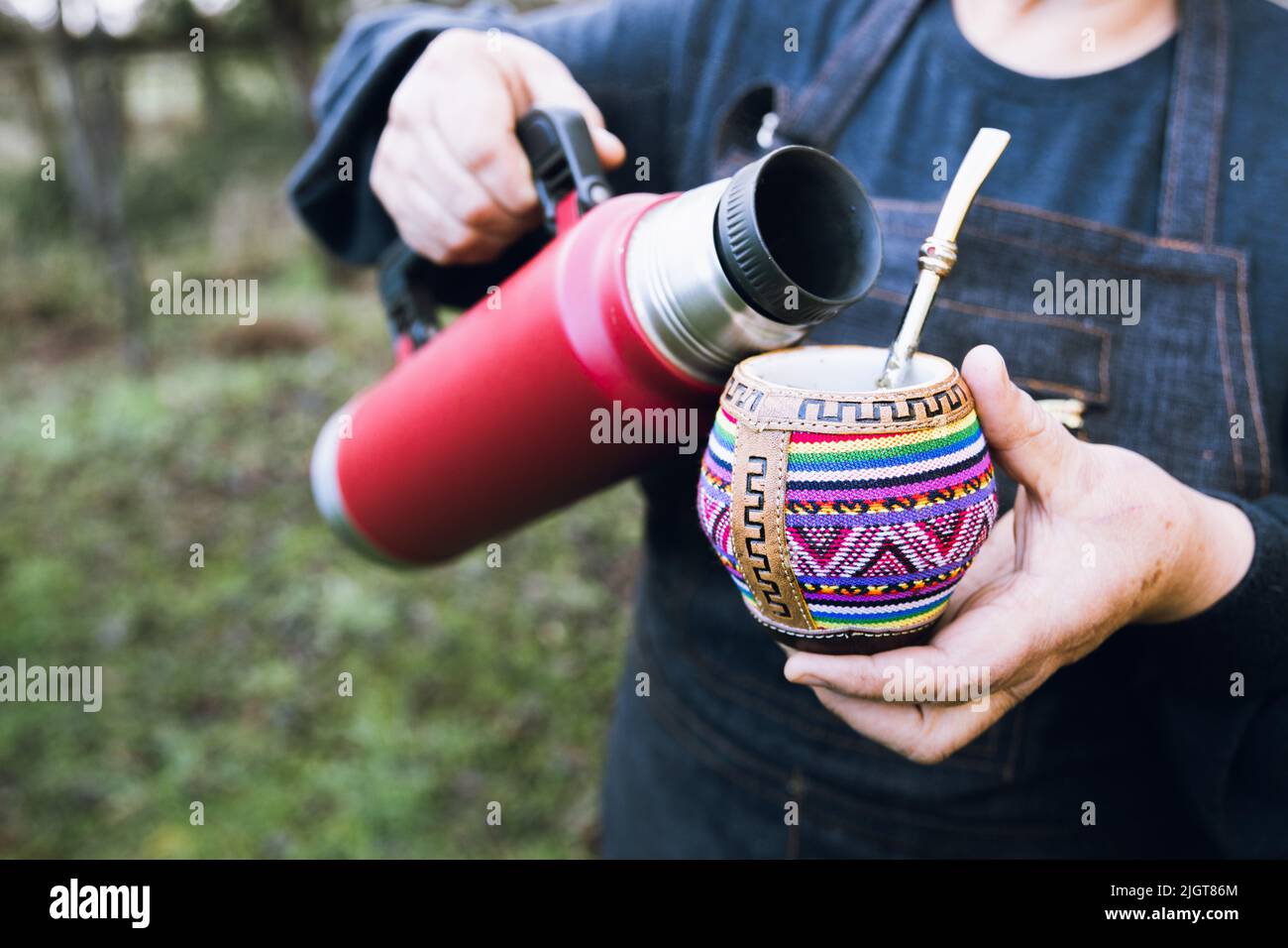 unrecognizable woman serving mate with a red thermo, in a colorful ...