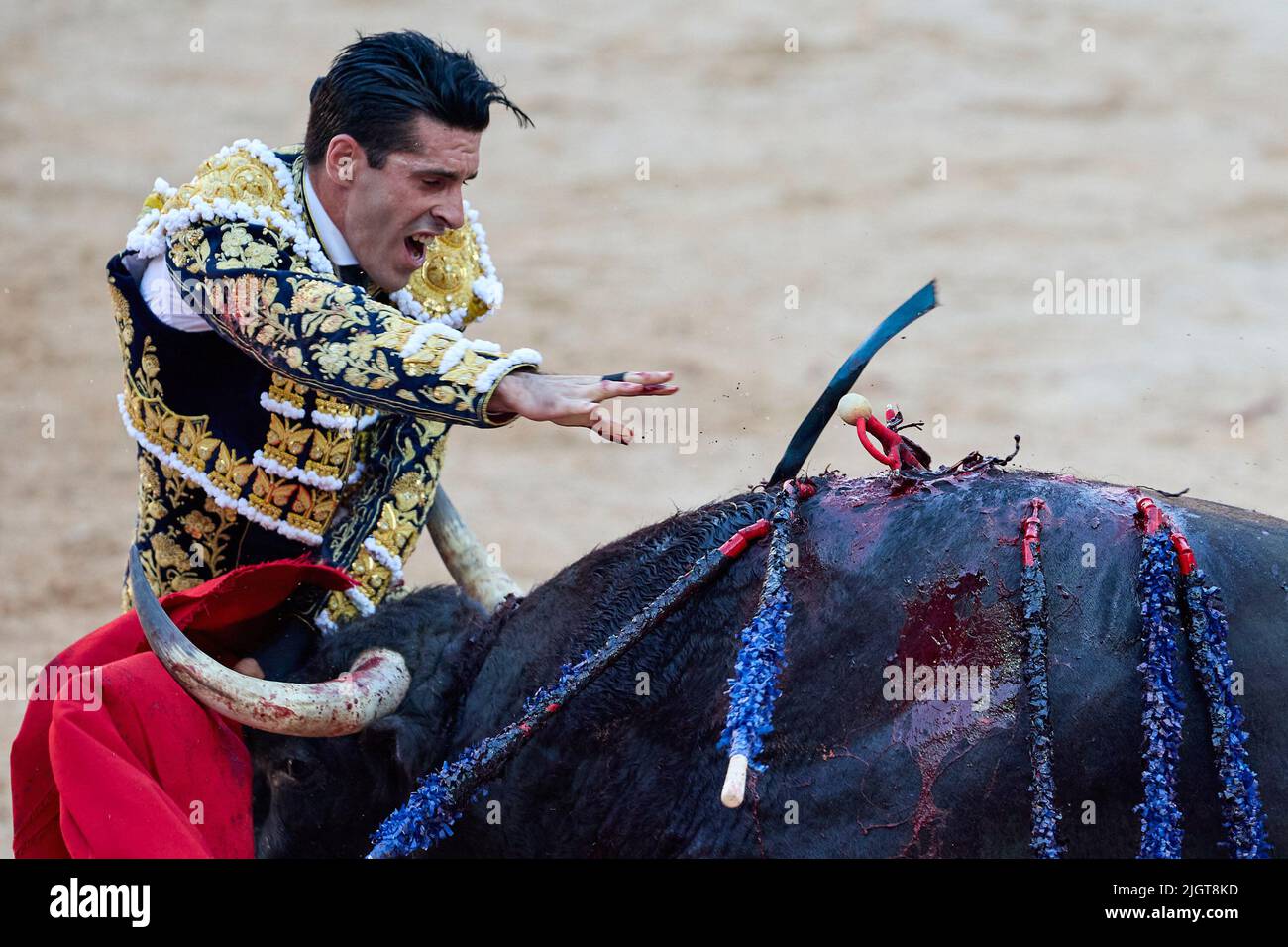 Alejandro Talavante fighting the fifth bull of the afternoon at the San ...