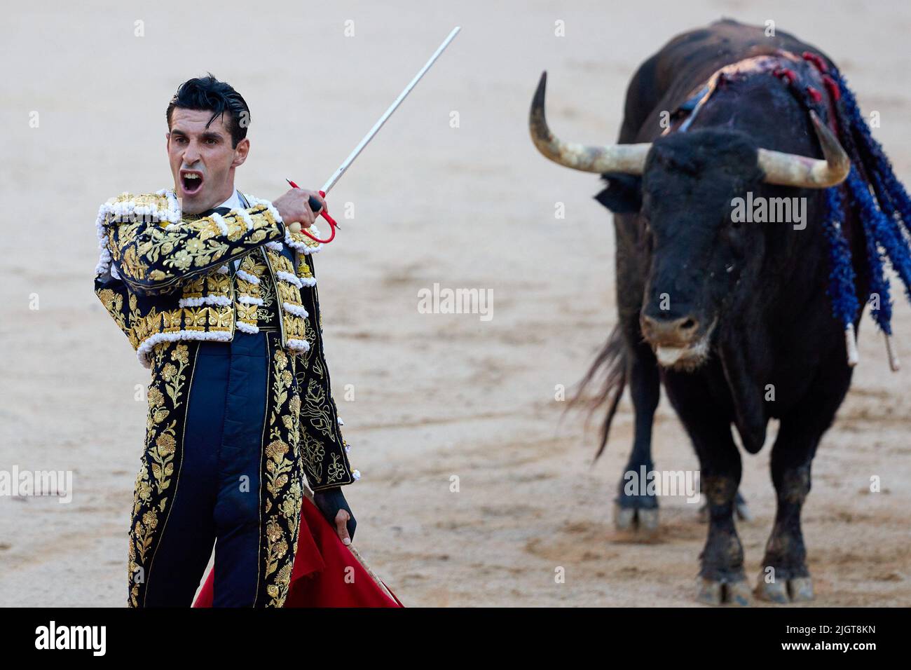 Alejandro Talavante fighting the fifth bull of the afternoon at the San ...