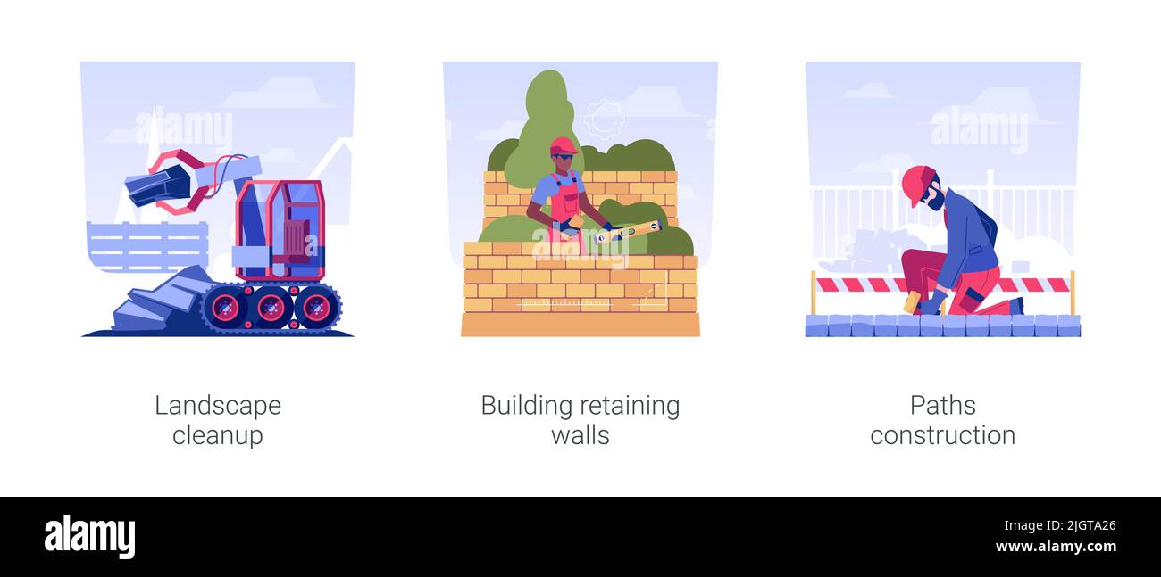 Hard landscaping works isolated concept vector illustration set ...