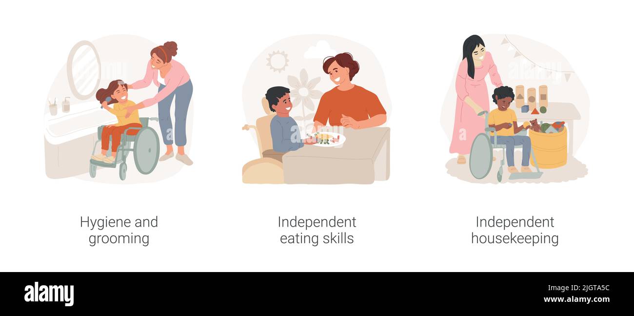 Children with disabilities self-care skills isolated cartoon vector ...