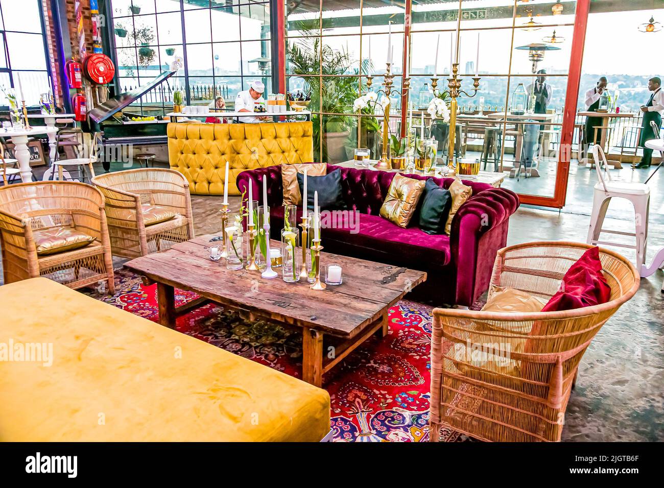 An interior decor of old school style event venue Stock Photo - Alamy