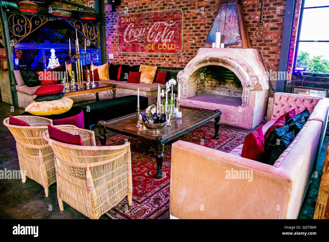 An interior decor of old school style event venue Stock Photo - Alamy