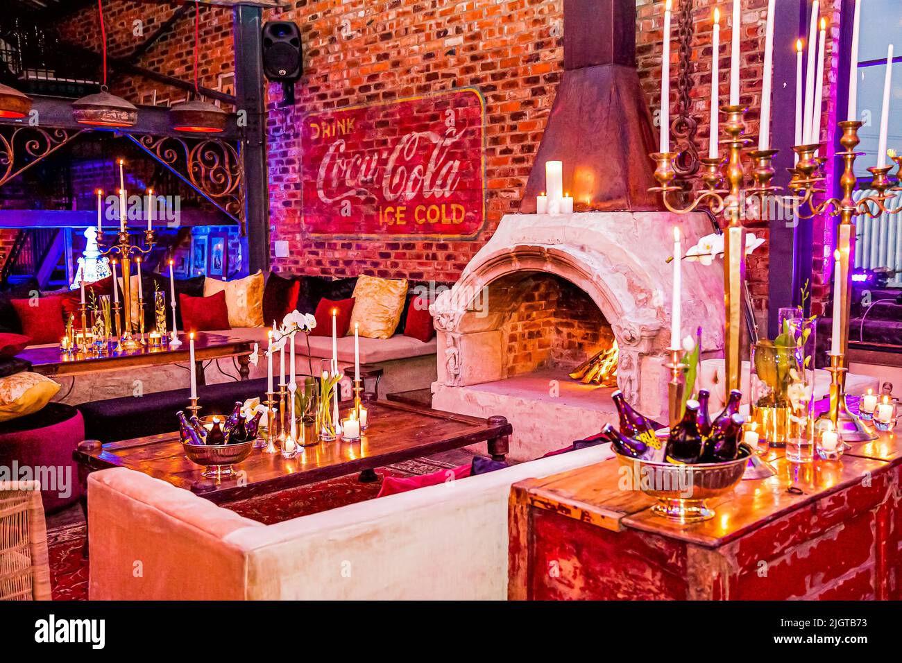 An interior decor of old school style event venue Stock Photo - Alamy