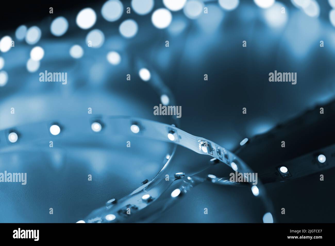 Blue LED strip lights, close up photo with selective soft focus Stock ...