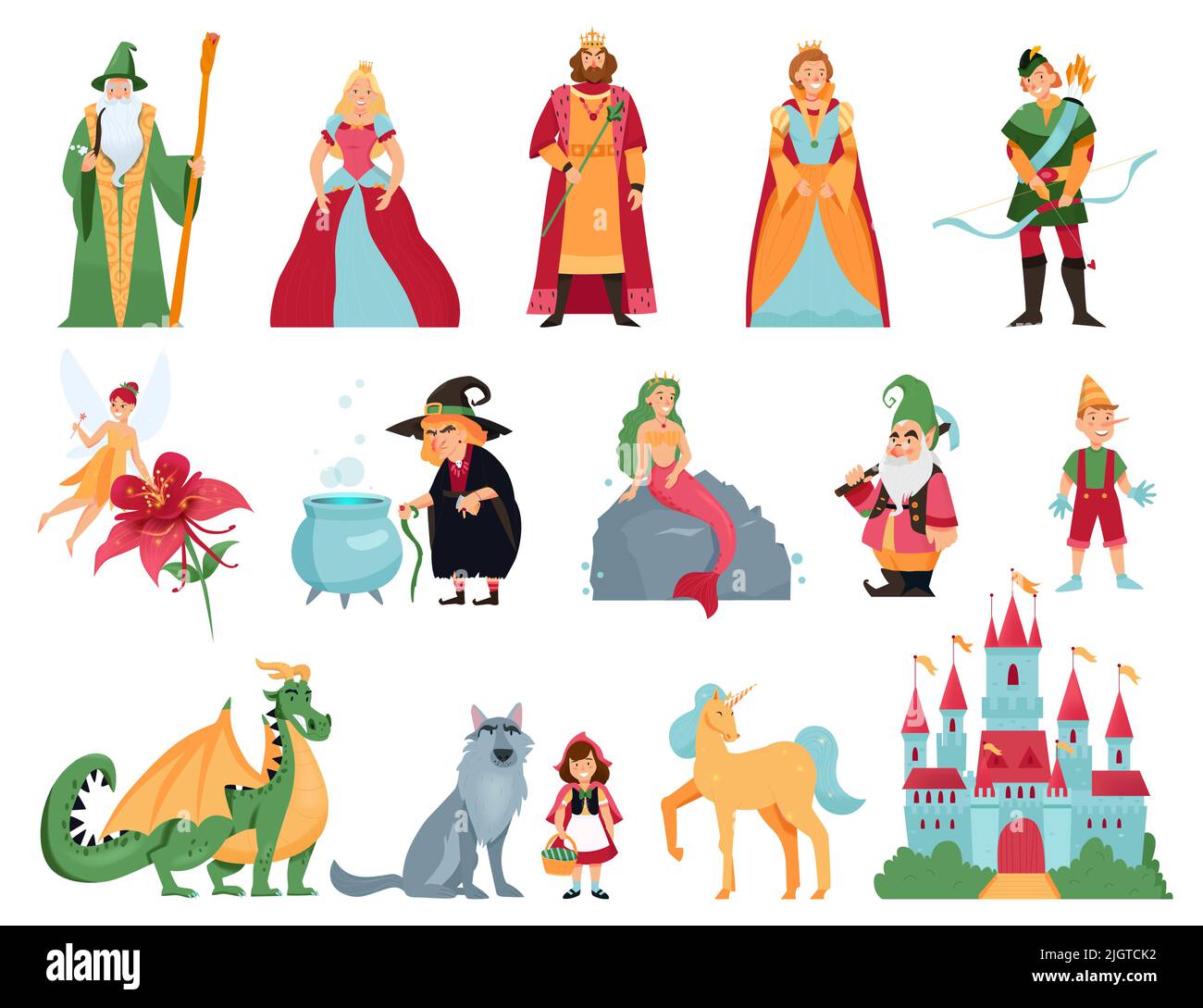 Fairy tale characters cartoon set of mermaid thumbelina dragon unicorn ...