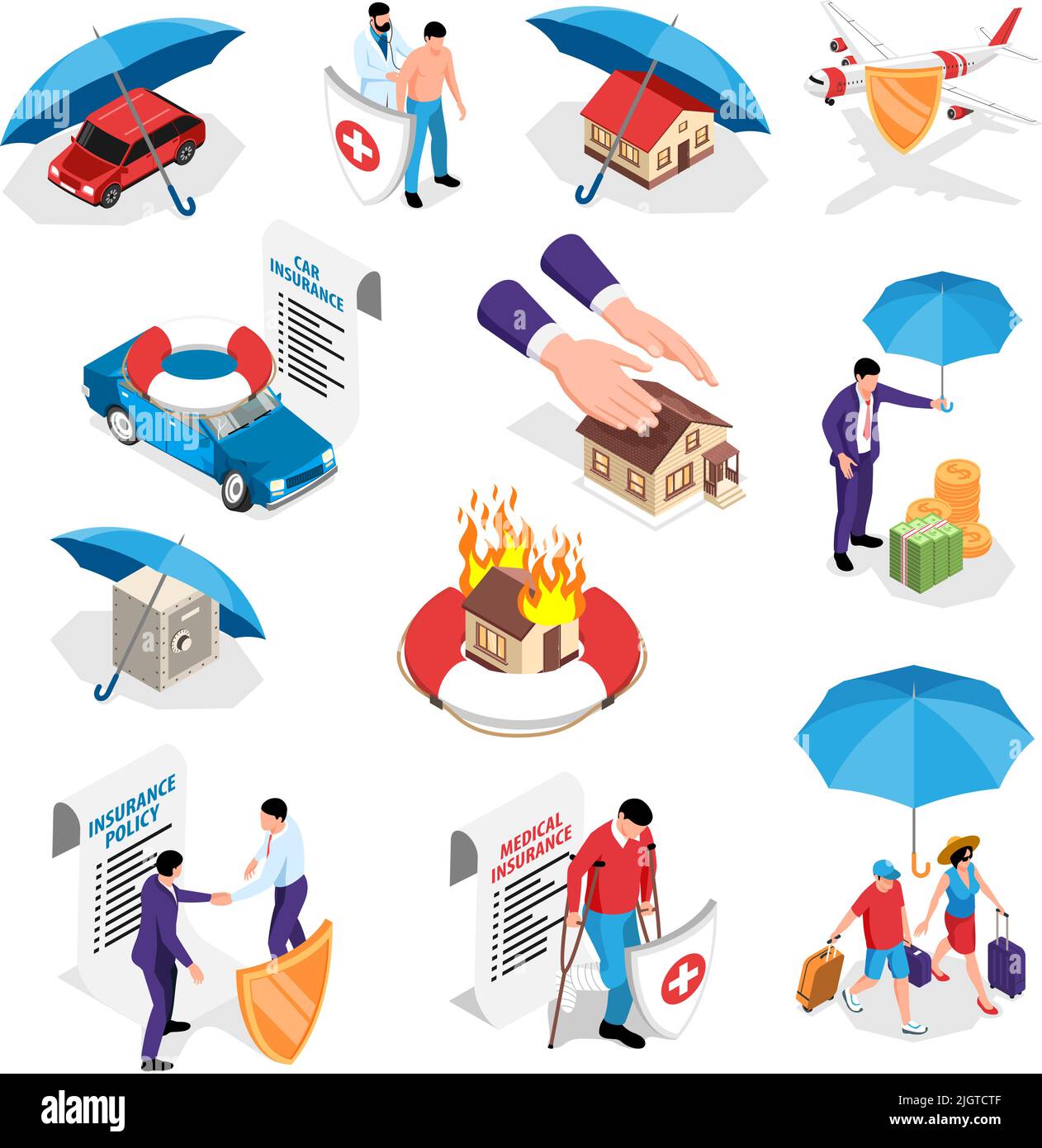 Isolated insurance set with isometric icons of shields and umbrellas ...