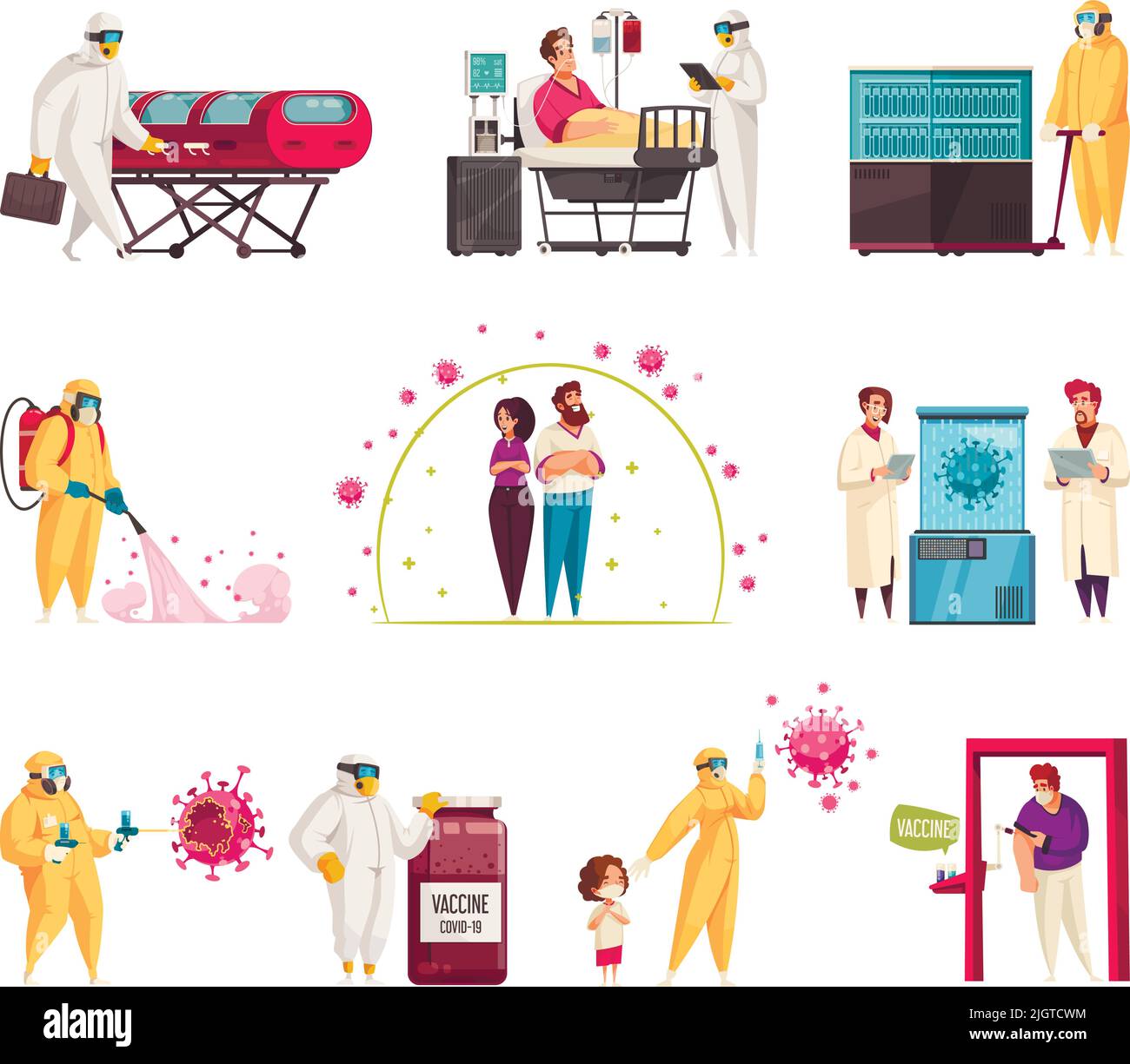 Coronavirus flat set of patient in hospital medical staff delivering ...